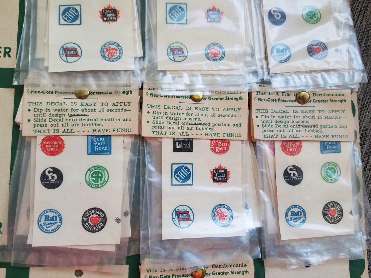 VINTAGE Impko Decals Store Display Set Railroad Train Logos 39 packets ...
